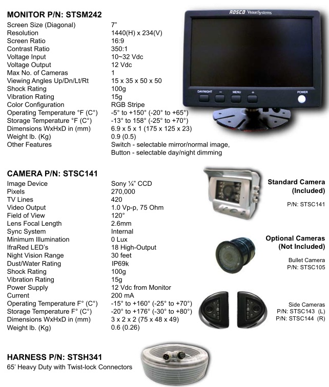 ROSCO Backup Camera System With 7” Color Backup Monitor